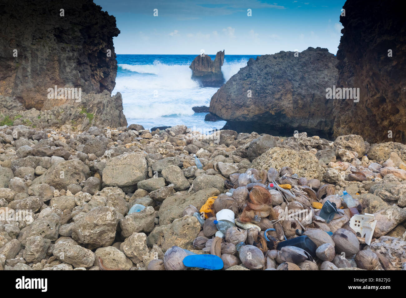 Plastic waste washed in from the sea contaminates rocks and beaches in ...