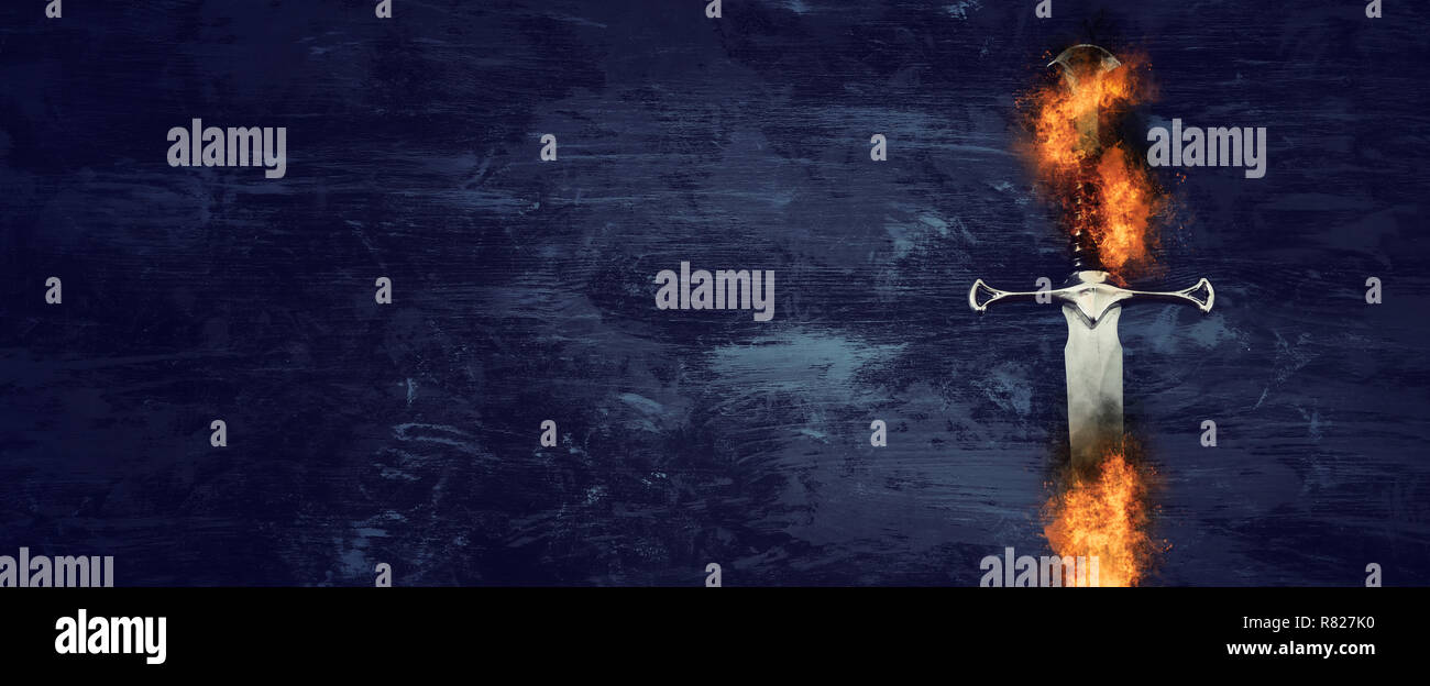 low key banner of silver sword in the flames of fire. fantasy medieval ...