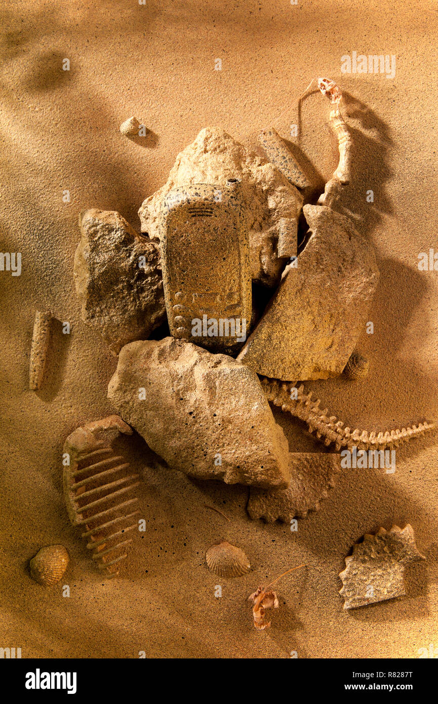 cell phone at the site of the excavation among the stones, fossils in ...