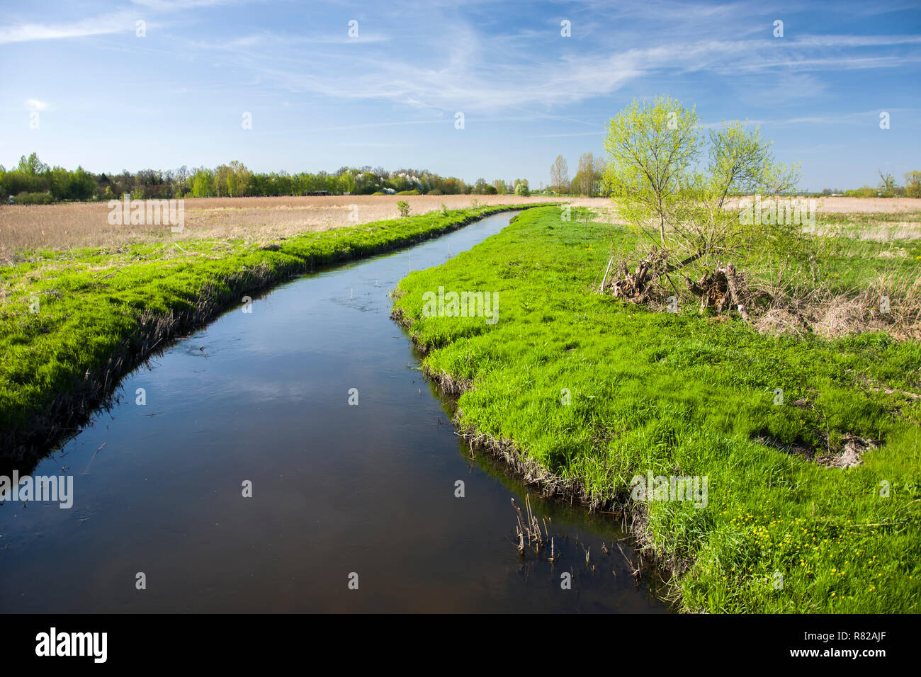 A small calm river with green shores and blue sky Stock Photo - Alamy
