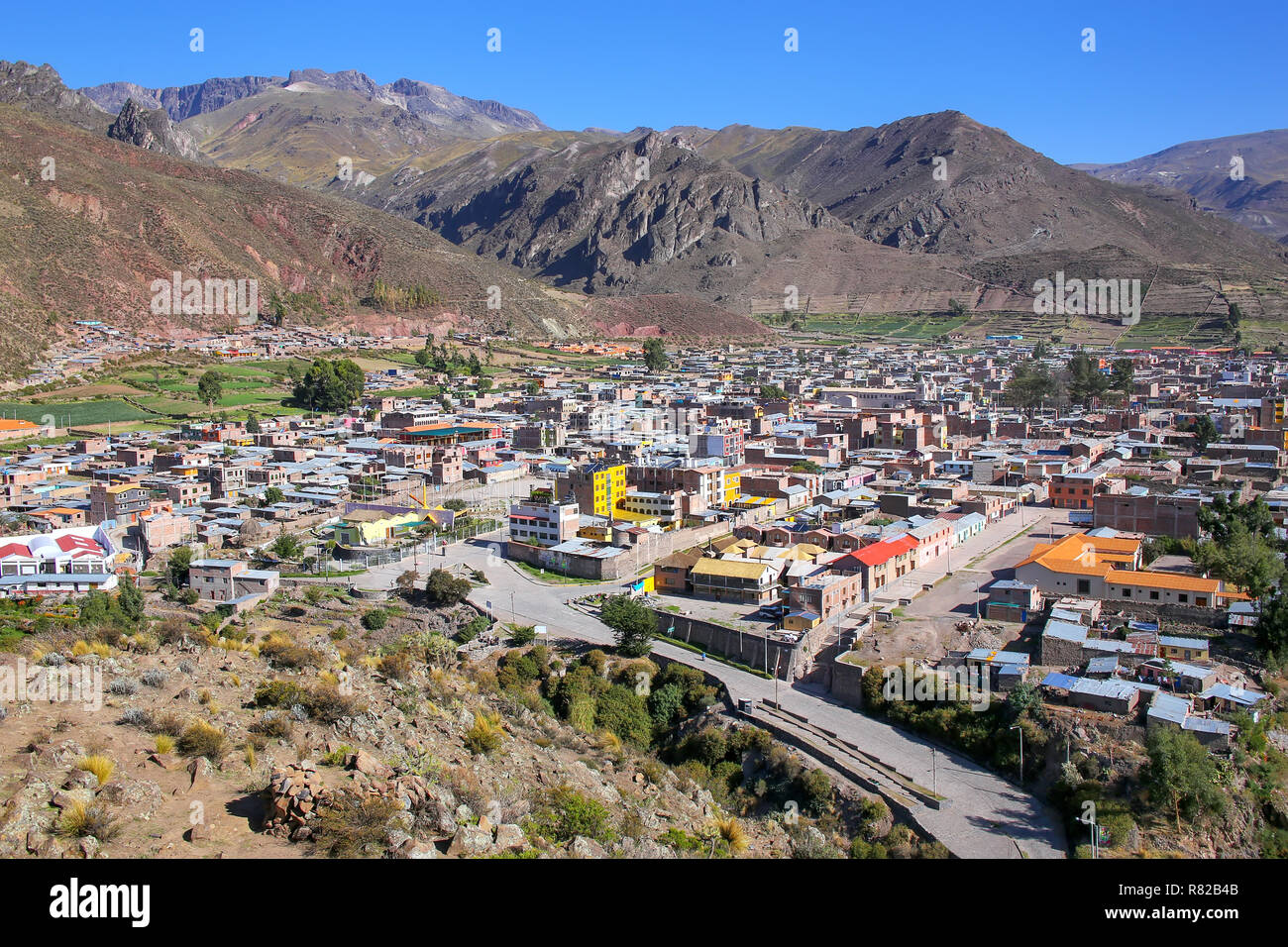 View of Chivay town from overlook, Peru. Chivay town is the capital of ...
