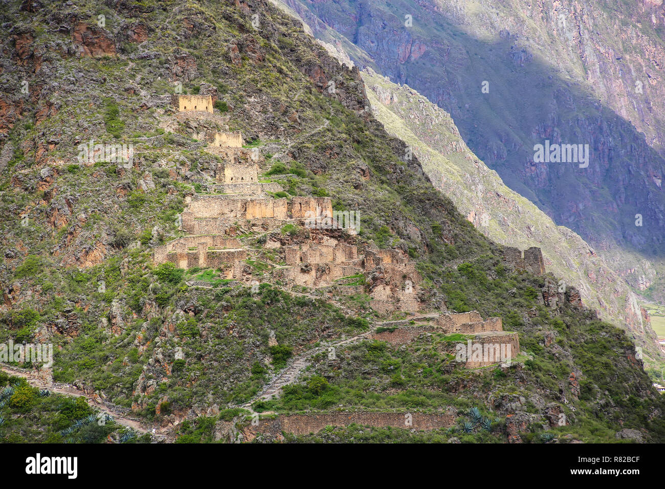 Inca storehouses on the hill surrounding Ollantaytambo, Peru ...