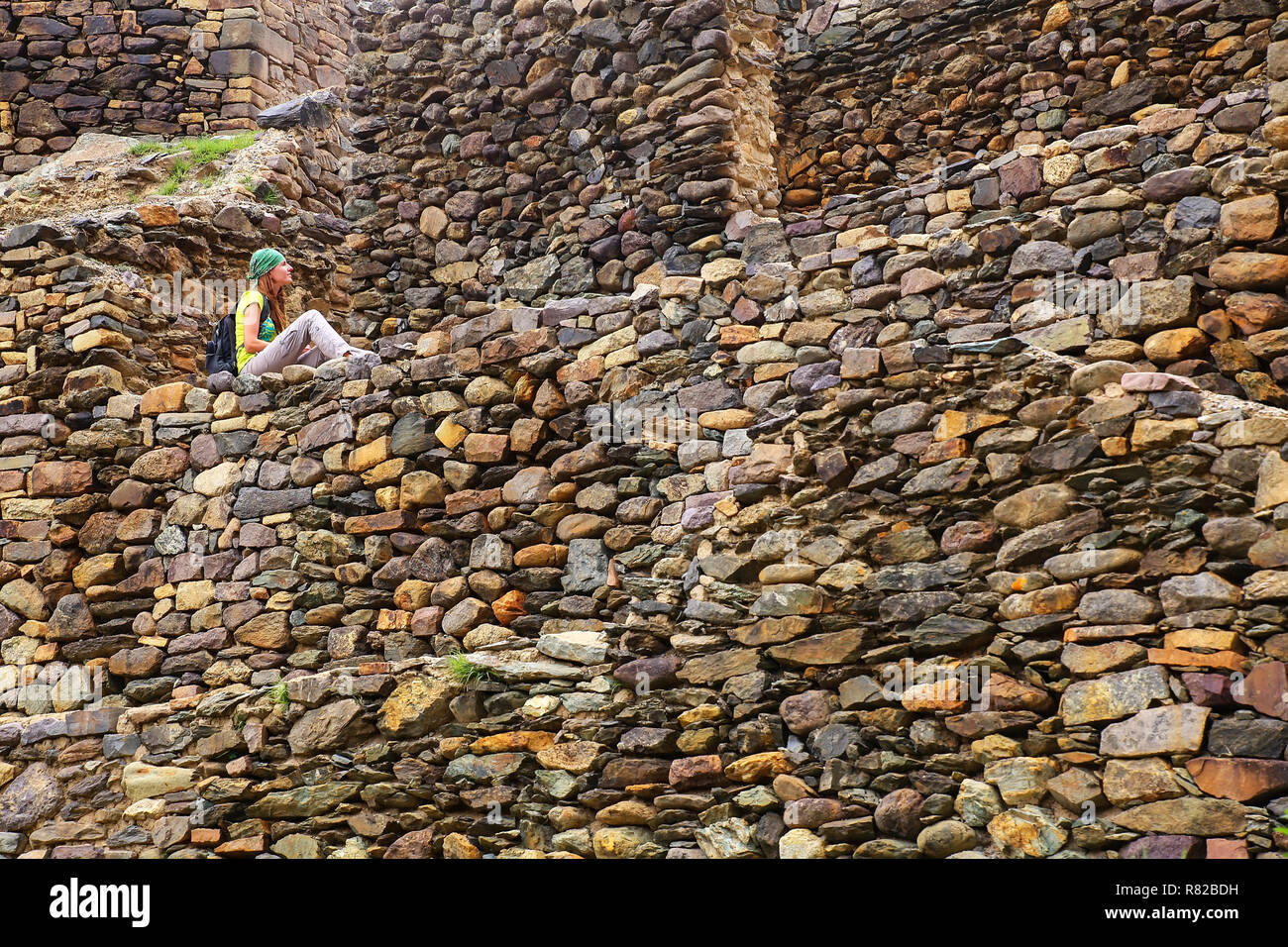 Stone walls at Inca Fortress in Ollantaytambo, Peru. Ollantaytambo was ...