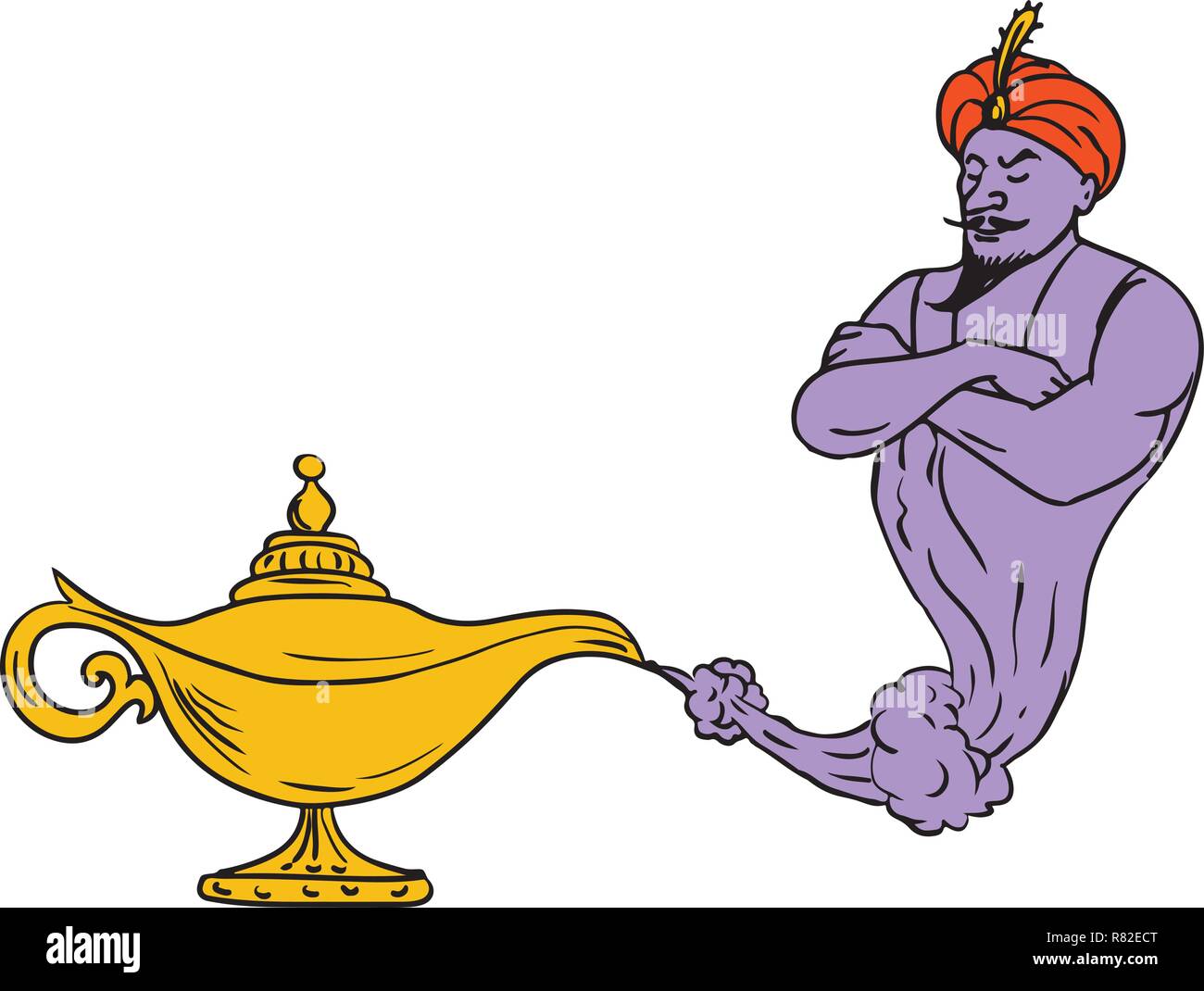 Drawing Sketch Style Illustration Of An Arabian Genie Coming Out Of A