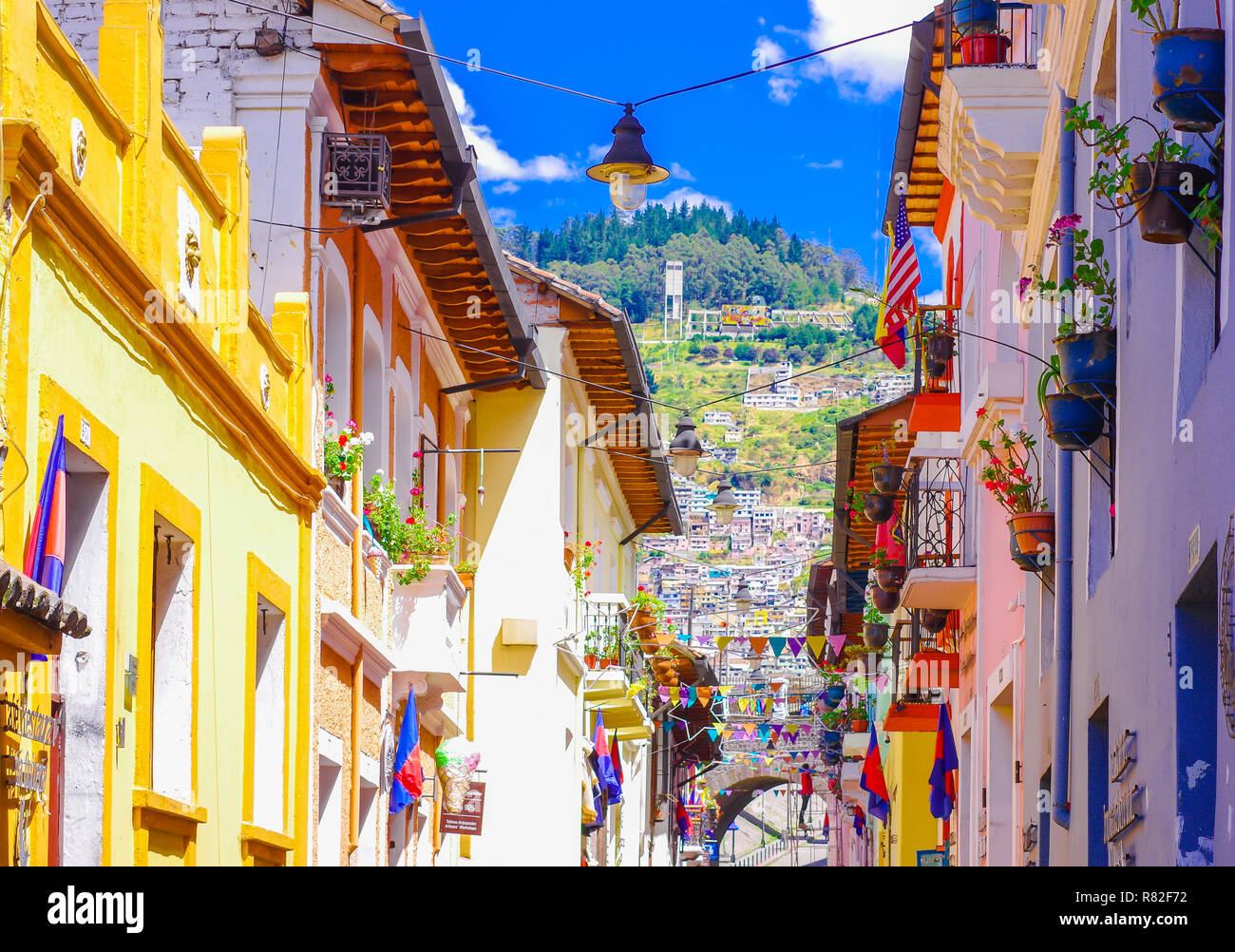 QUITO, ECUADOR AUGUST, 28, 2018: Beautiful buildings with some Flags ...
