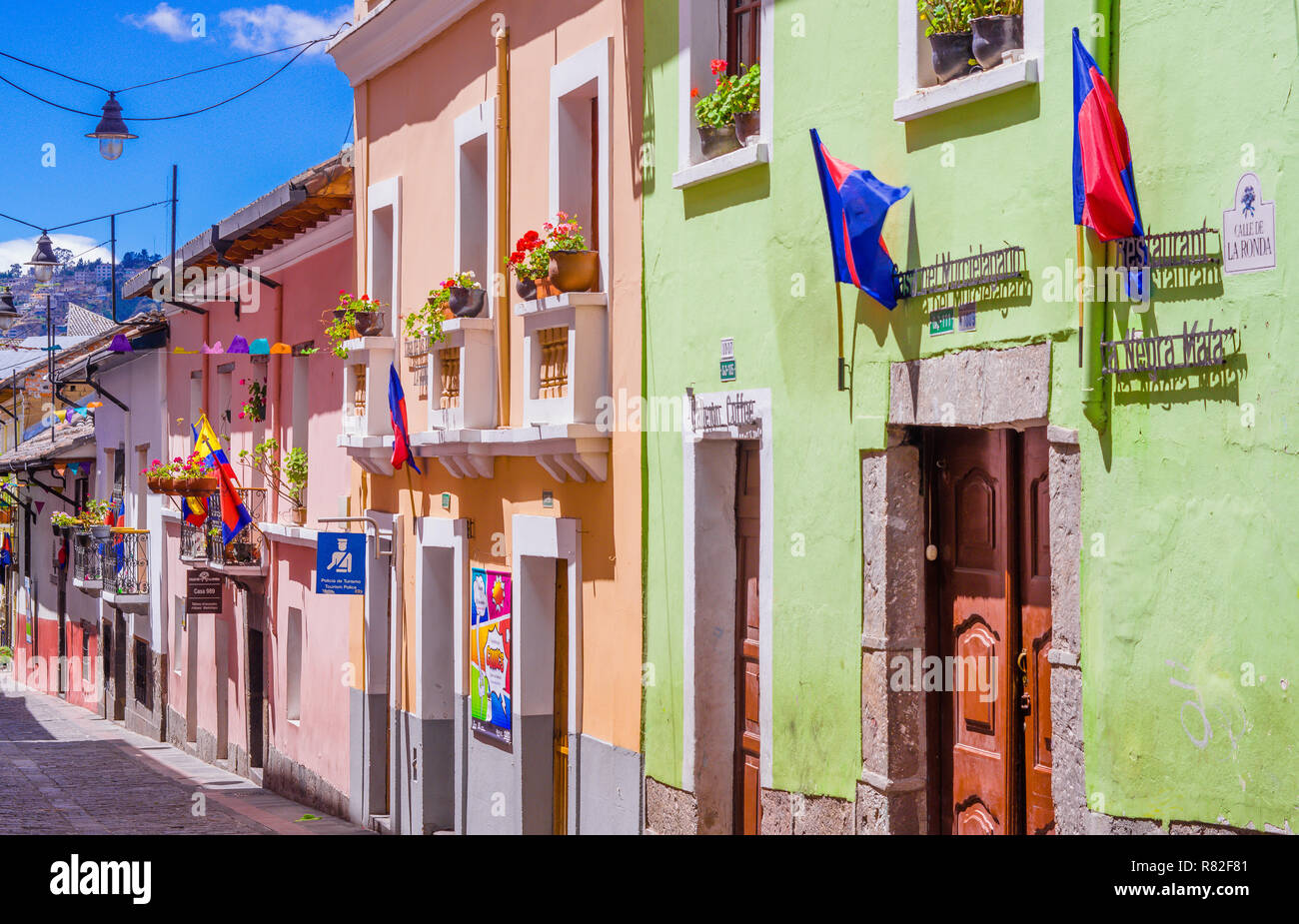 QUITO, ECUADOR AUGUST, 28, 2018: Beautiful buildings with some Flags ...
