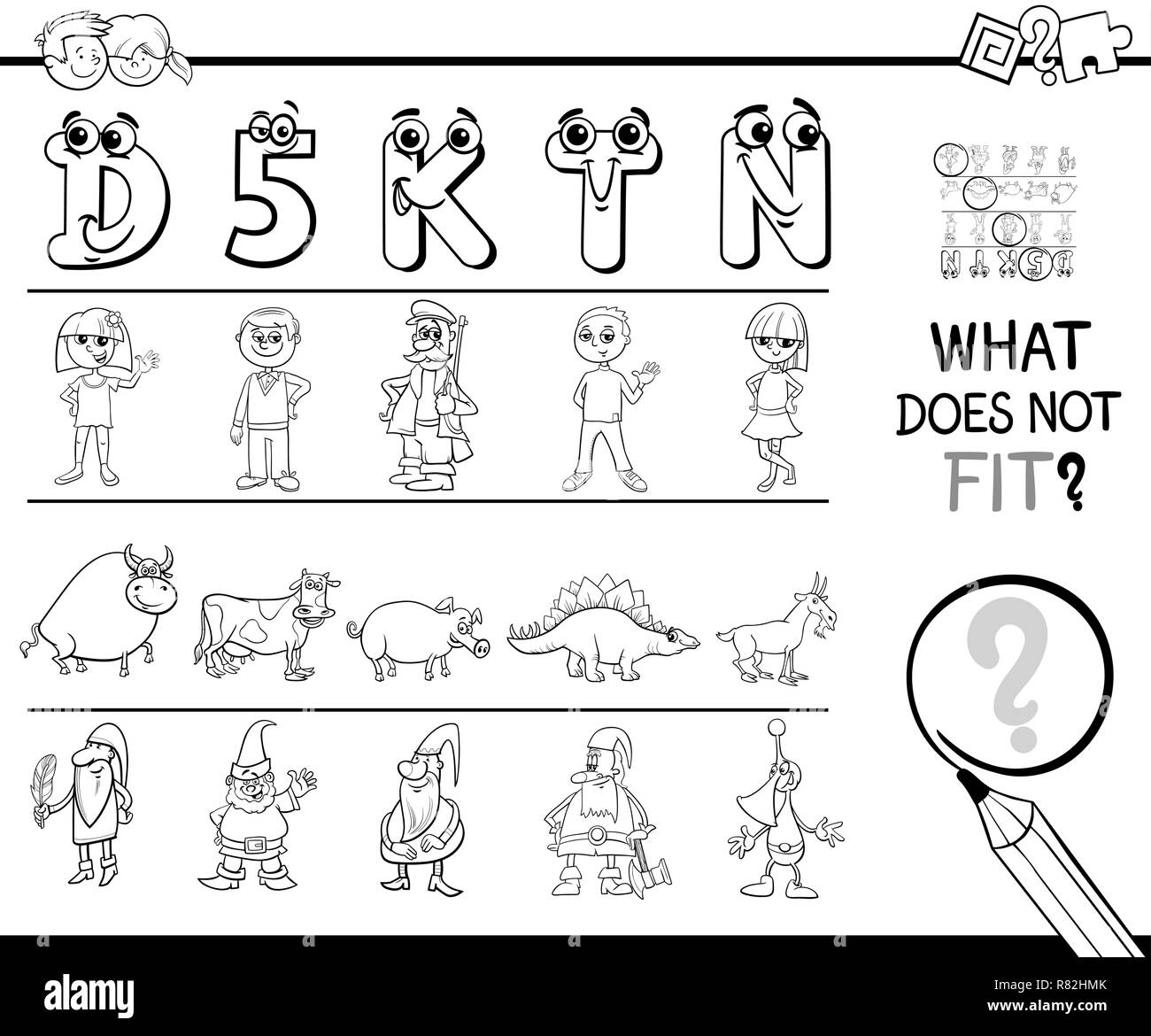Black and White Cartoon Illustration of Finding Picture that does not ...