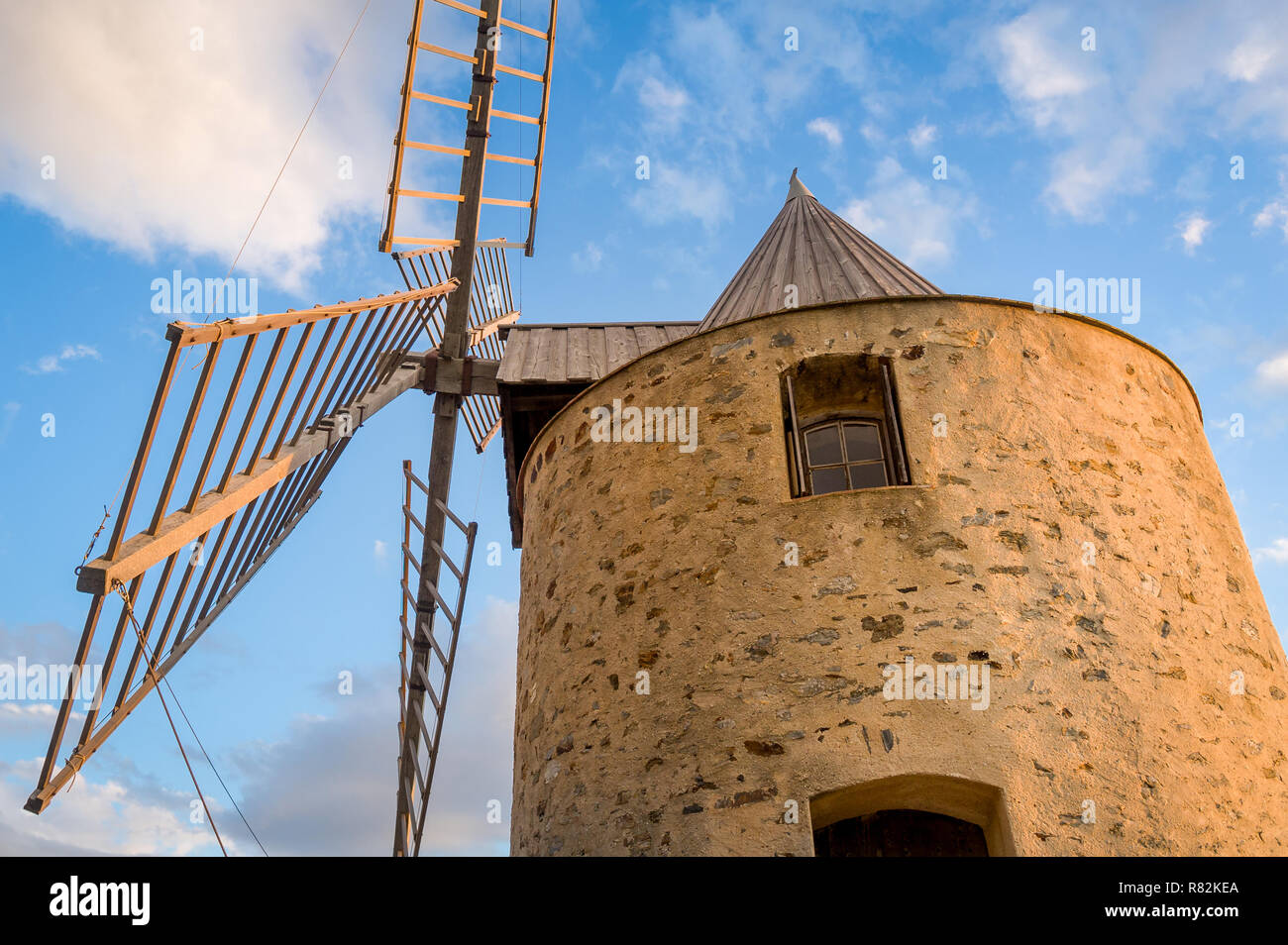 Sunset close up view of old windmill. Porquerolles island, Provence ...