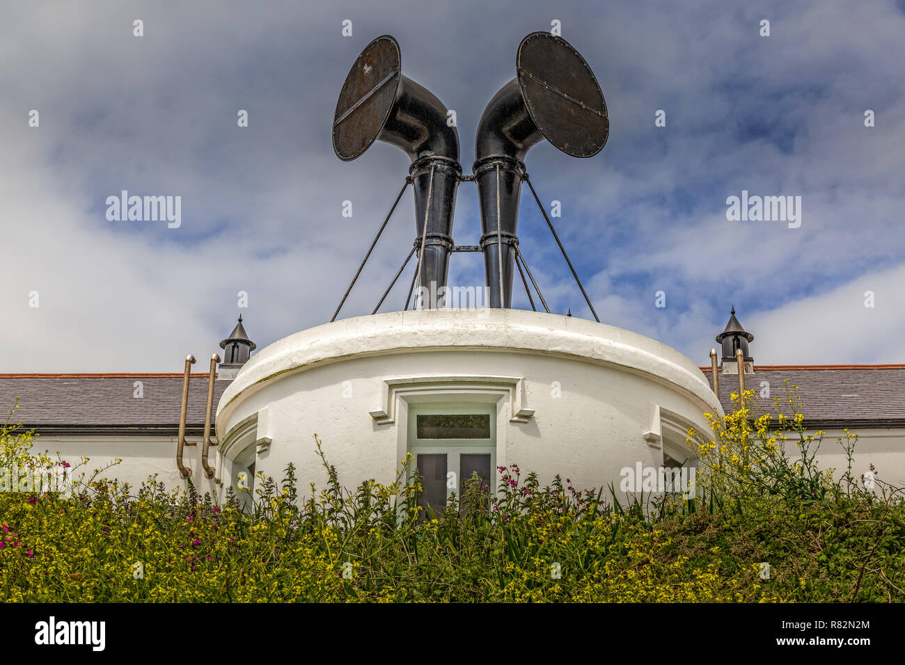 The old fog horns at the Lizard Lighthouse in Cornwall, England Stock ...