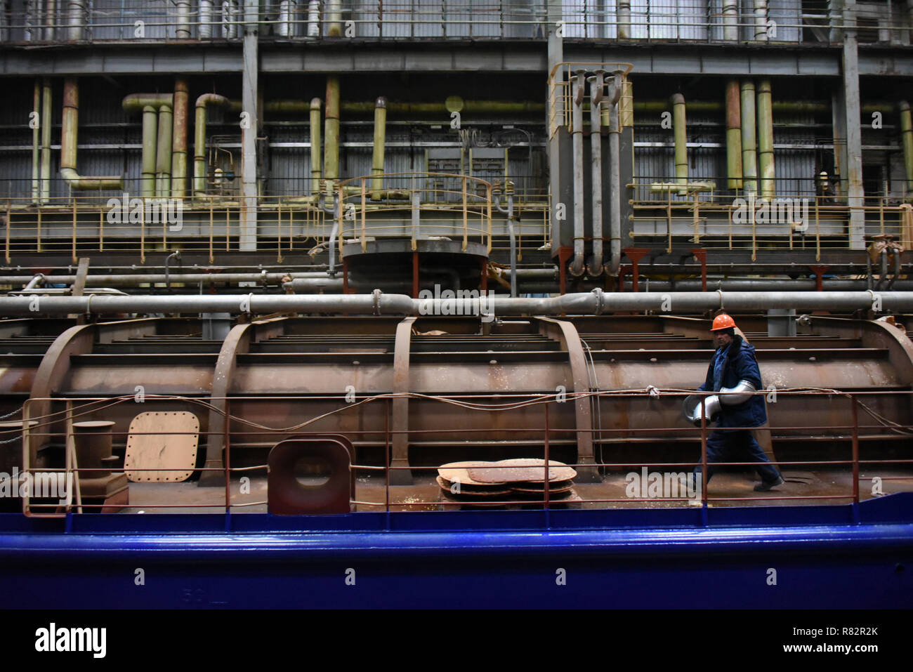 Ship building at the Russian shipyard "LOTOS" in Astrakhan, Russia ...