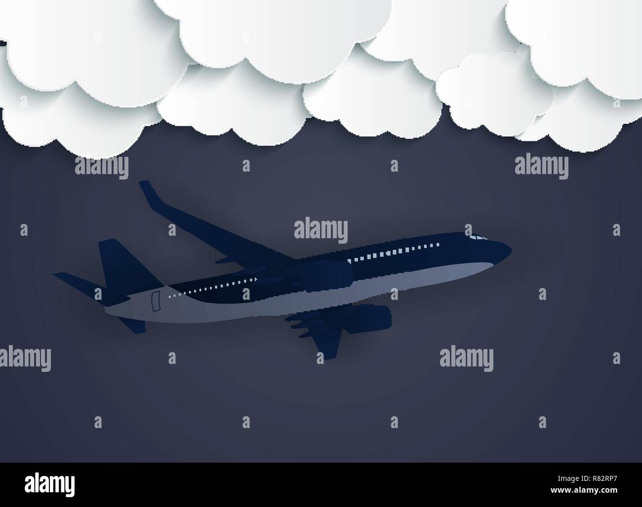 Abstract Clouds with flying realistic 3D airplane Vector Illustration ...