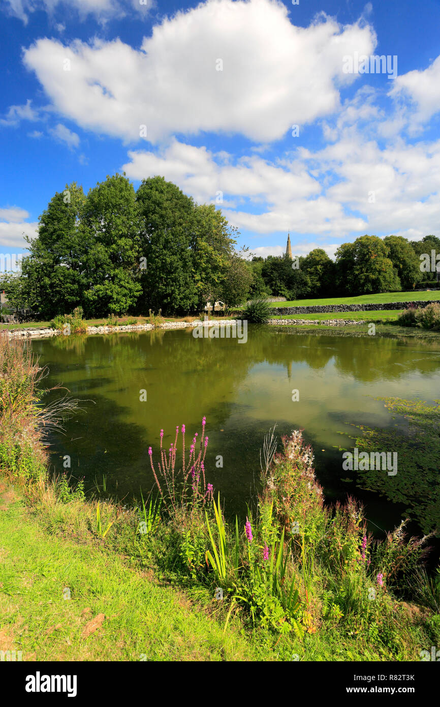 Summer view over Monyash village pond, Peak District National Park ...