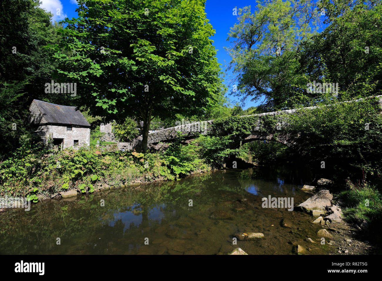 Summer, the Viator Bridge at Milldale, river Dove, Dovedale, Upper Dove ...