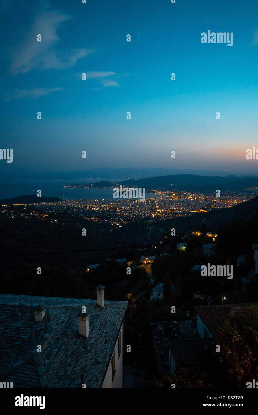 Glowing lights the Greek city from the window of the hotel Stock Photo ...