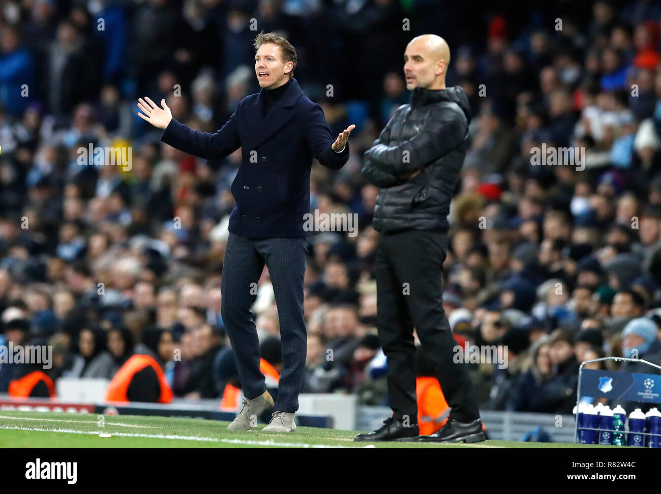 Hoffenheim manager Julian Nagelsmann (left) and Manchester City manager ...