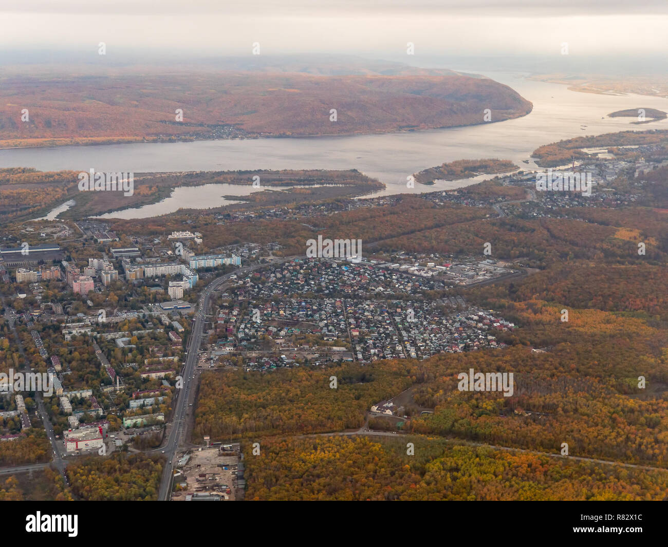 Bird’s eye view of the suburb of the city of Samara, Russia, the Volga ...