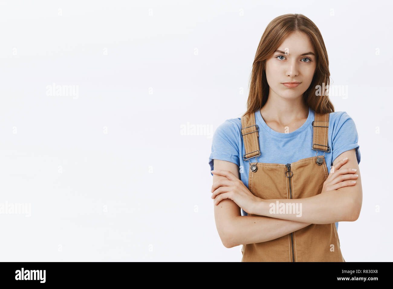 Waist-up shot of confident good-looking woman with good self-esteem ...