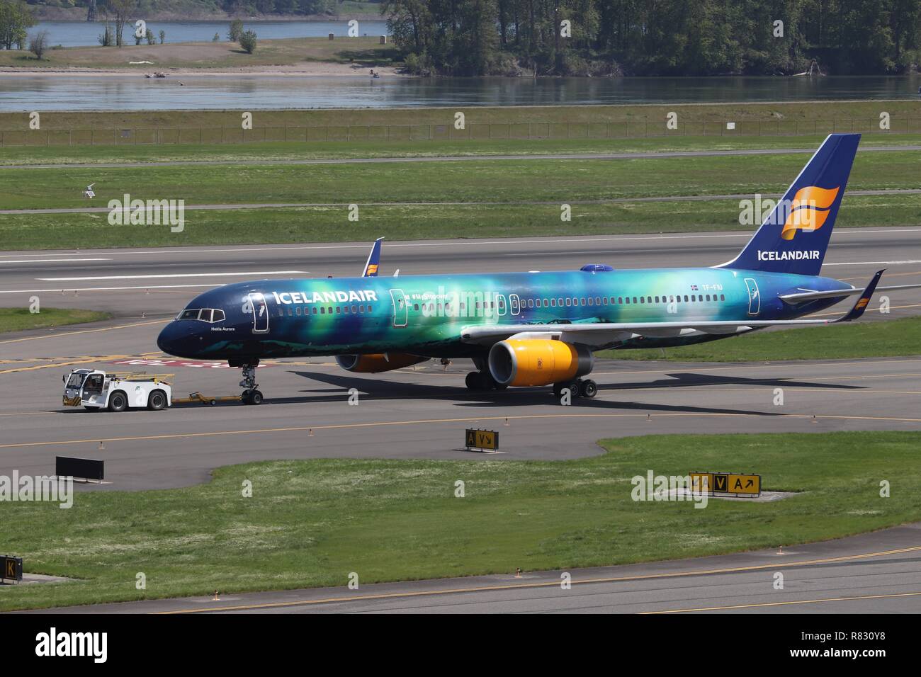 Icelandair Boeing 757 in its special "Hekla Aurora" livery taxiing to ...