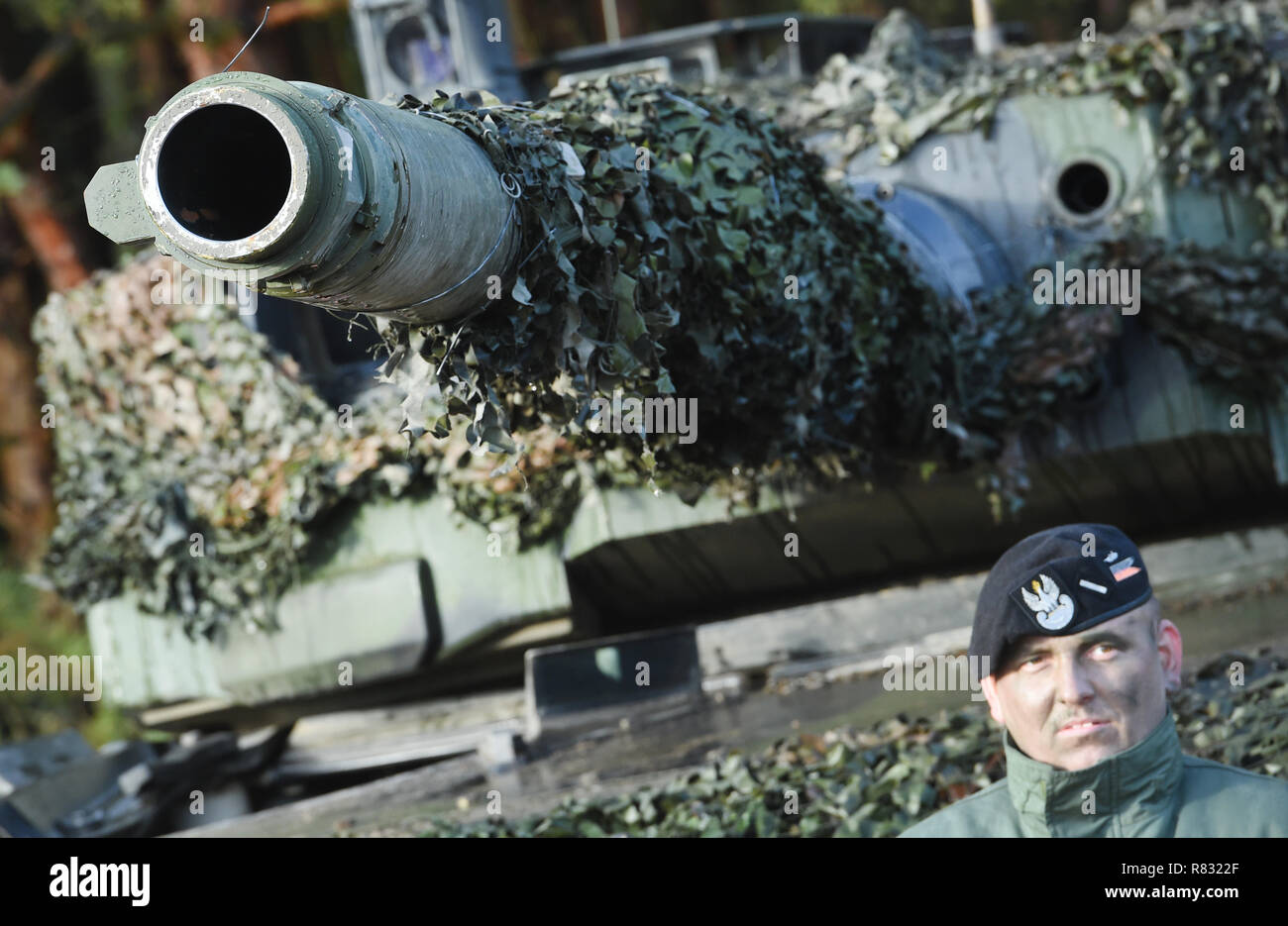 Torgelow, Germany. 12th Dec, 2018. A Polish soldier stands in front of ...