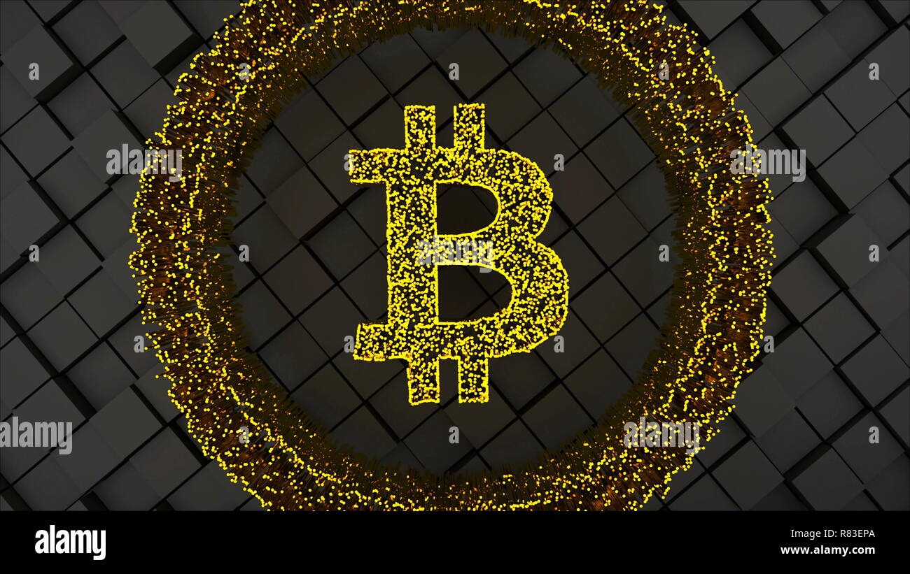 Bitcoin coin symbol with many particles and squared surface, computer ...