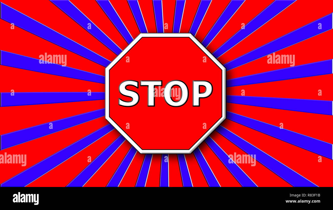 Stop sign on red and cartoon rays, decoration for creative, 3d render ...