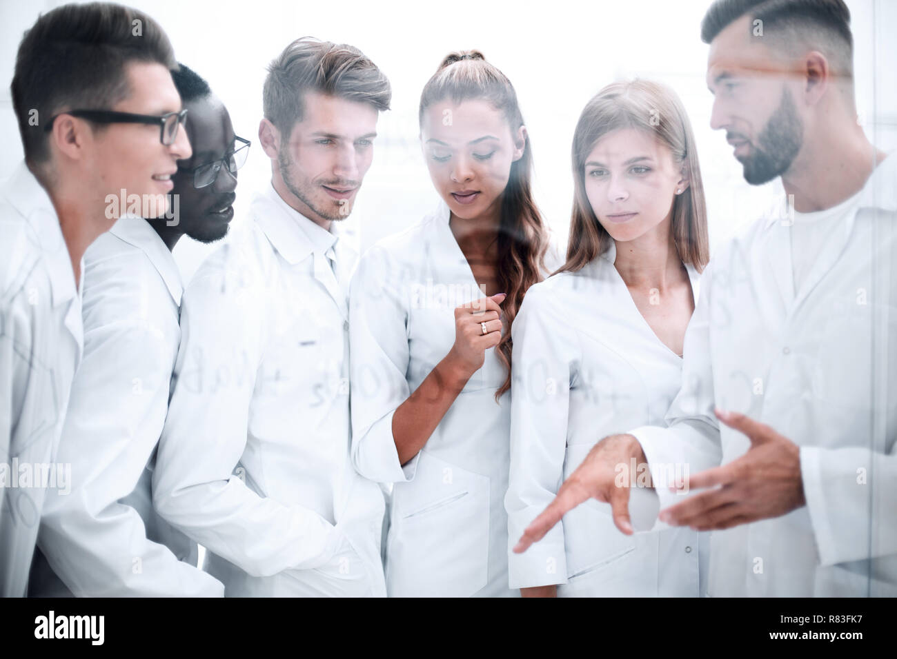 group of scientists discussing chemical formulas Stock Photo - Alamy
