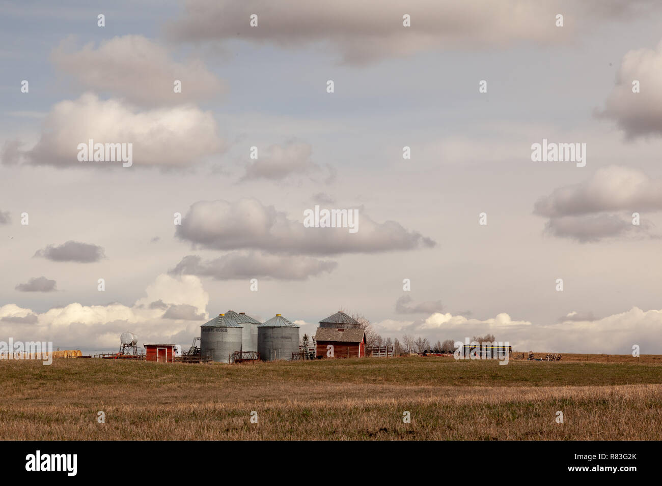 rural landscape farmland with farm silo and wooden red buildings with ...