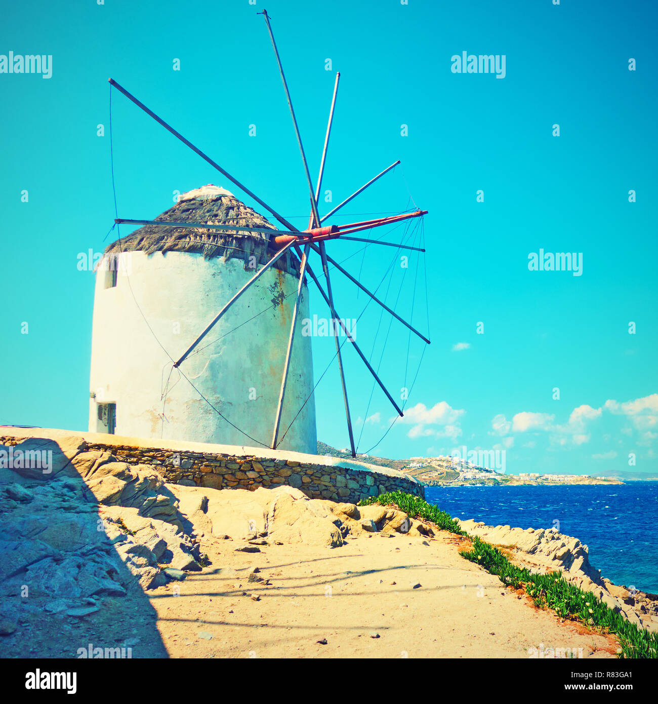 Traditional greek windmill in Mykonos Island, Cyclades, Greece. Sepia ...