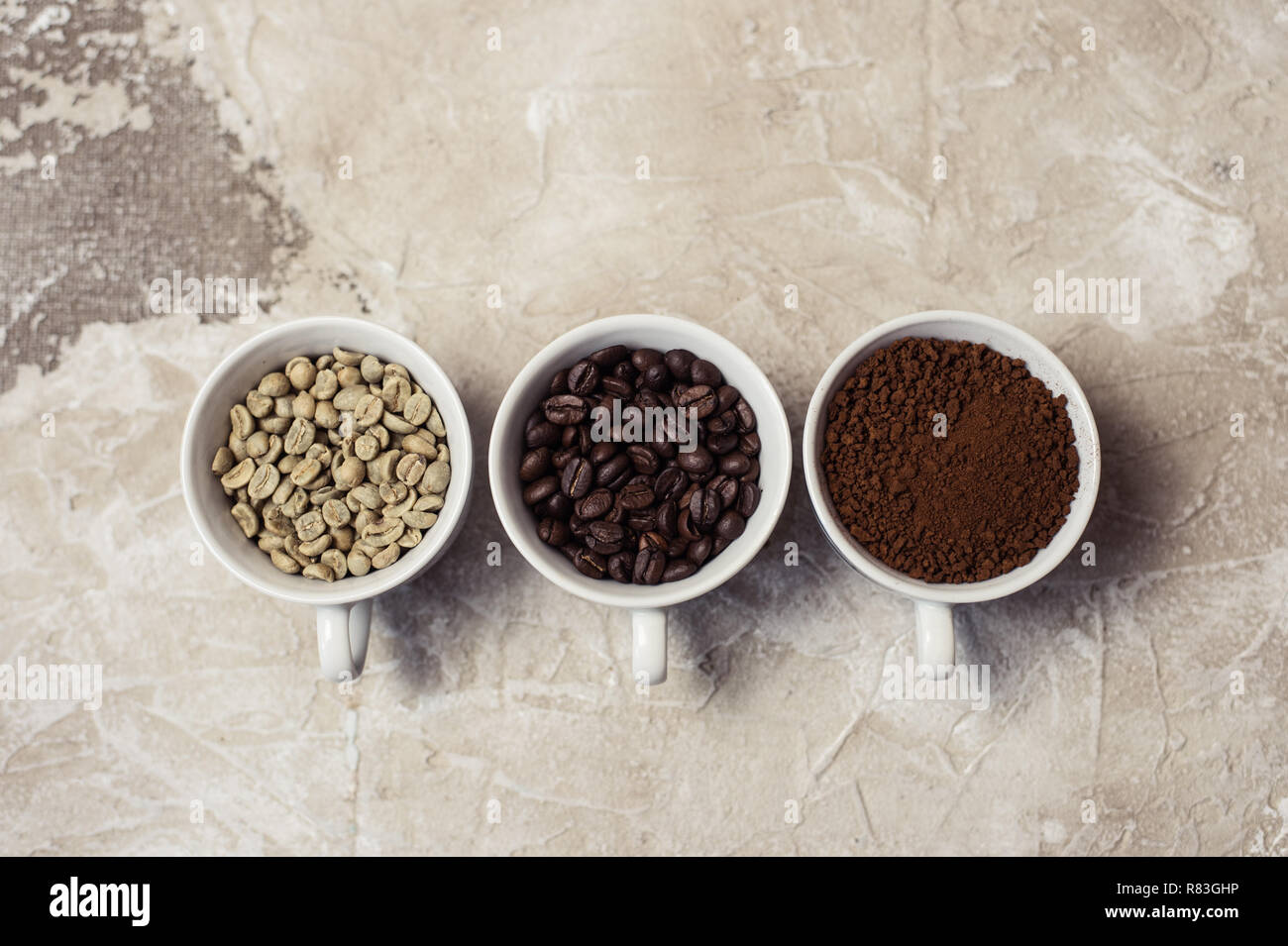 Different types of coffee - ground, grain and unroasted Stock Photo - Alamy