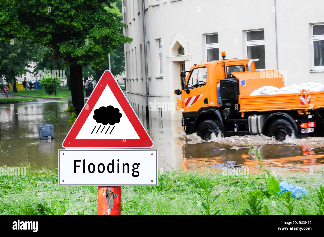 flooding warn sign Stock Photo - Alamy