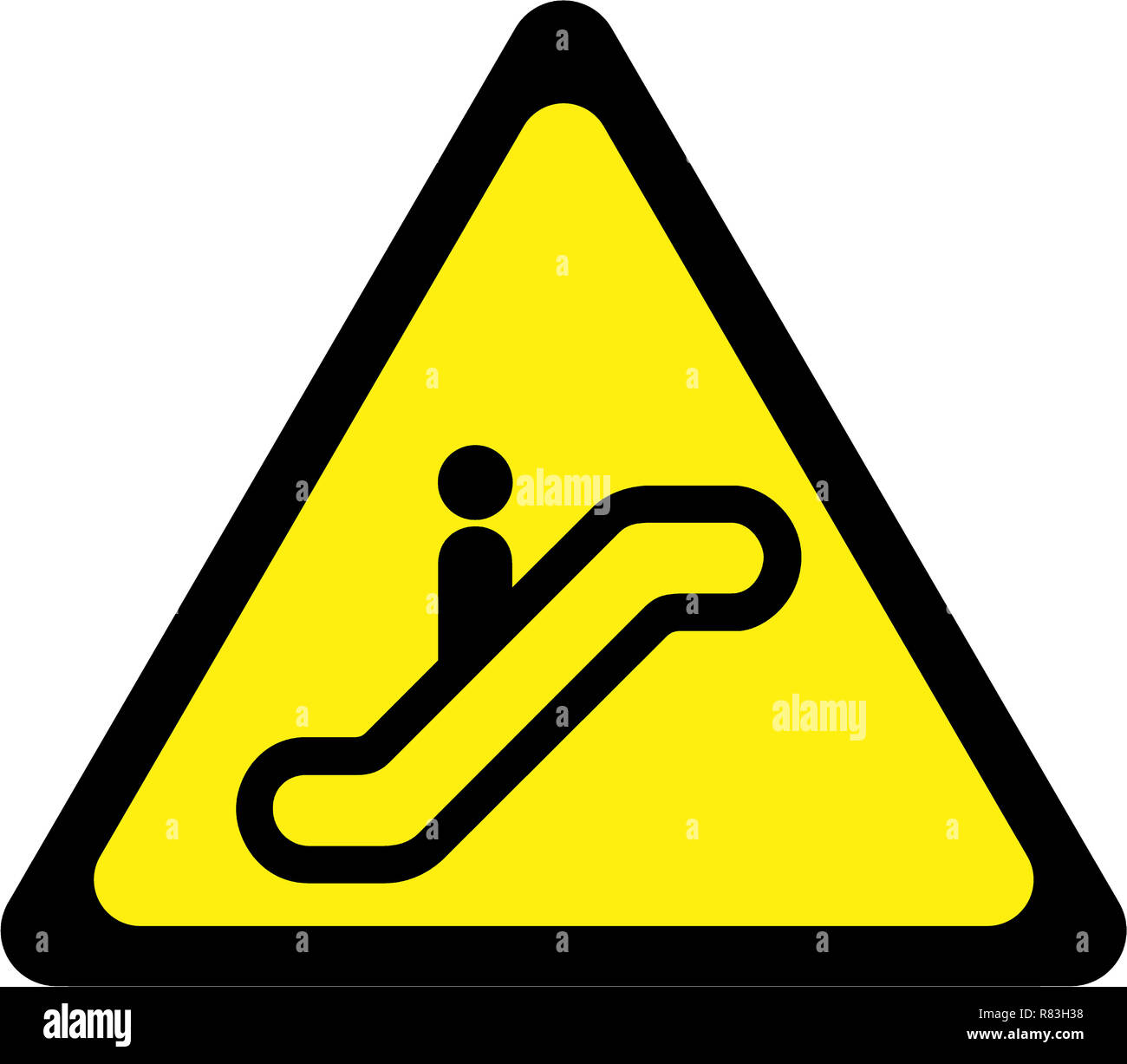 Yellow warning sign with escalator symbol Stock Photo - Alamy