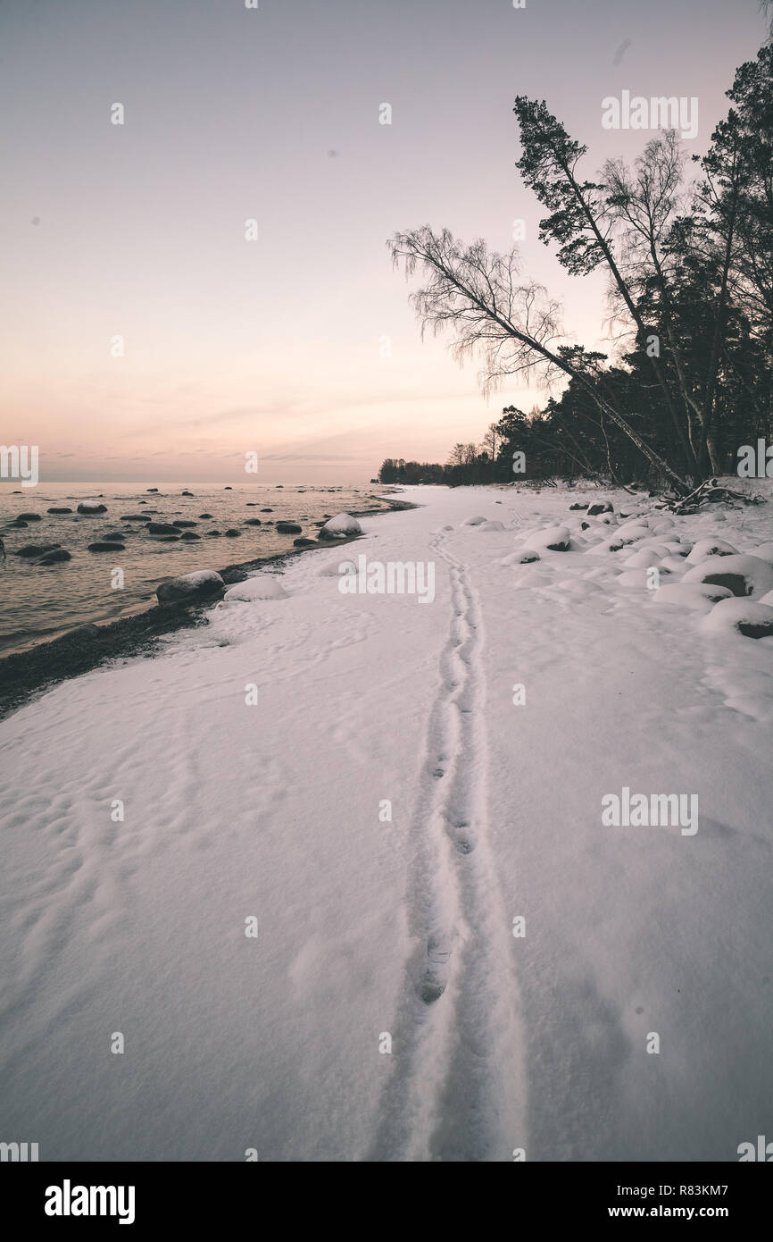 frozen sea side beach panorama in winter with lots of ice and snow in ...