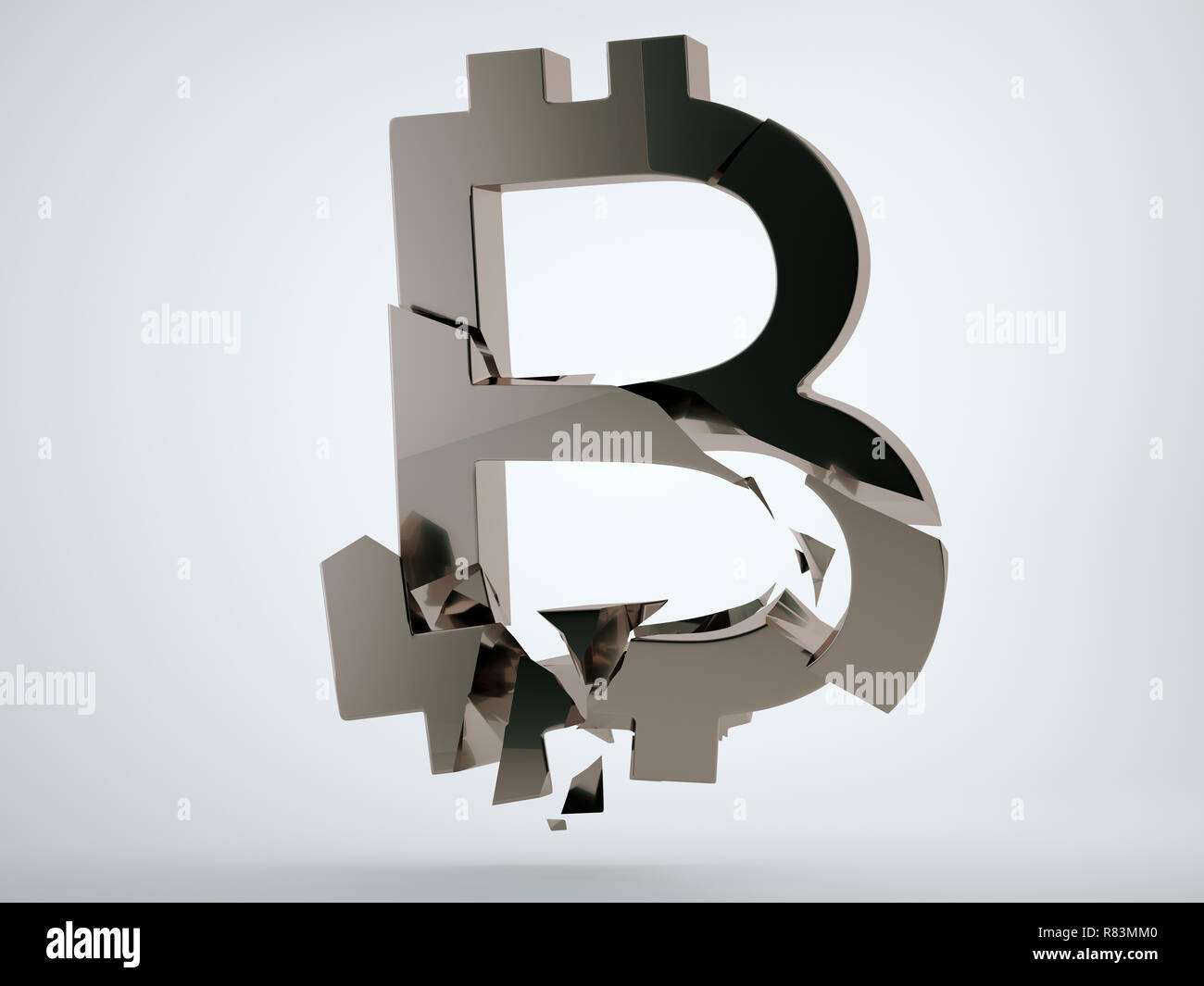 Black bitcoin symbol with cracks on grey background. 3d render, 3d ...