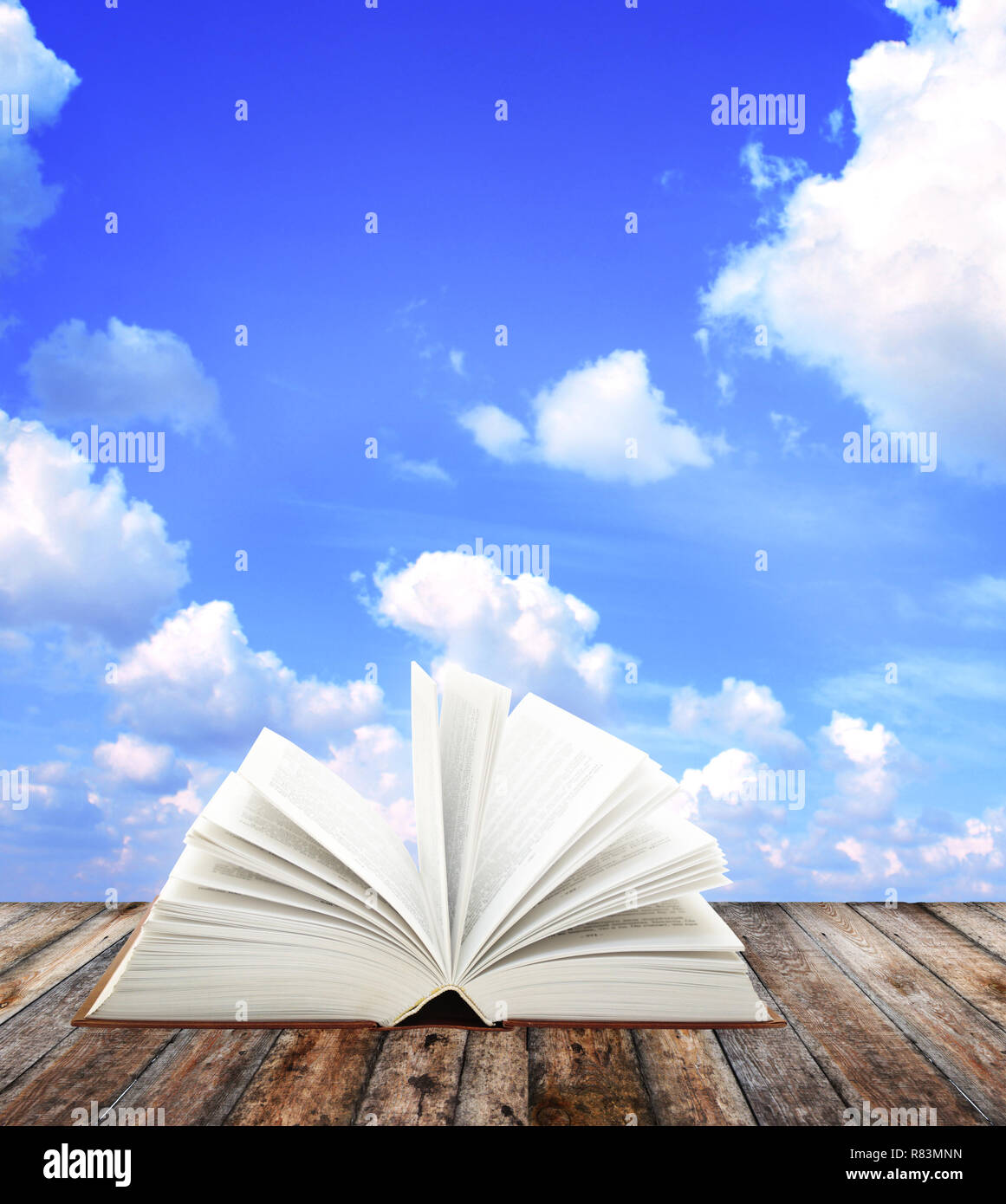 Open book on wooden planks Stock Photo - Alamy