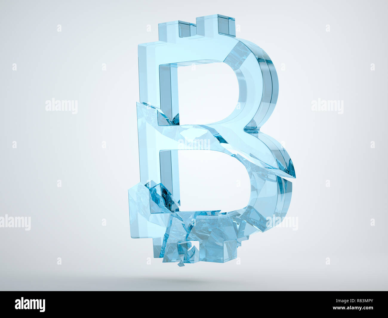 Glass bitcoin symbol shattered and broken on grey background. 3d render ...