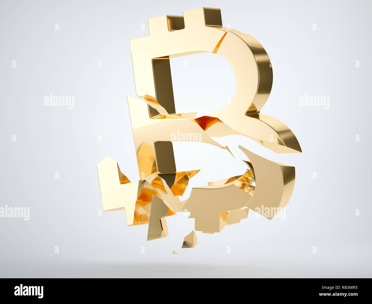 Golden bitcoin symbol shattered and broken on grey background. 3d ...