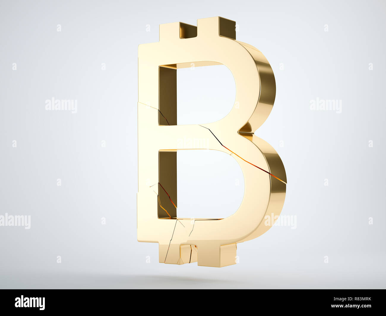 Golden bitcoin symbol with cracks on grey background. 3d render, 3d ...