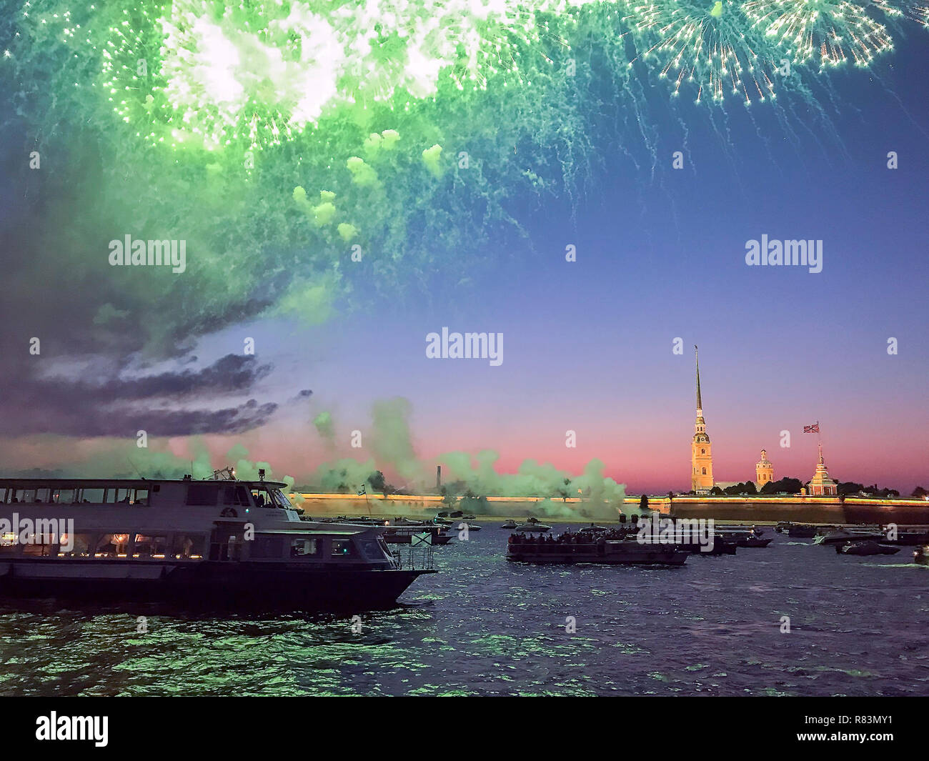 Long Exposure of Fireworks Against a Black Sky. Panorama of beautiful ...