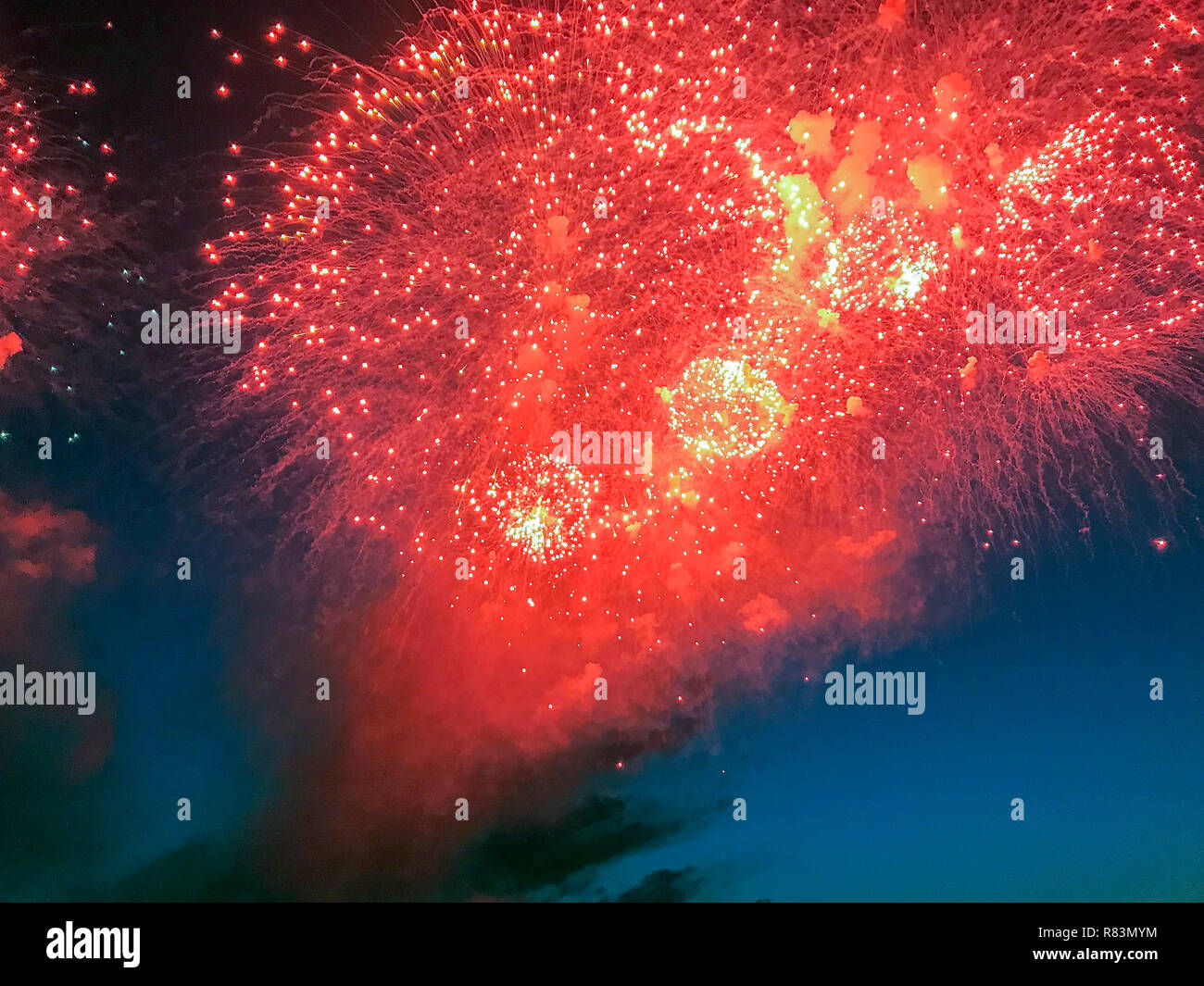 Long Exposure of Fireworks Against a Black Sky. Panorama of beautiful ...