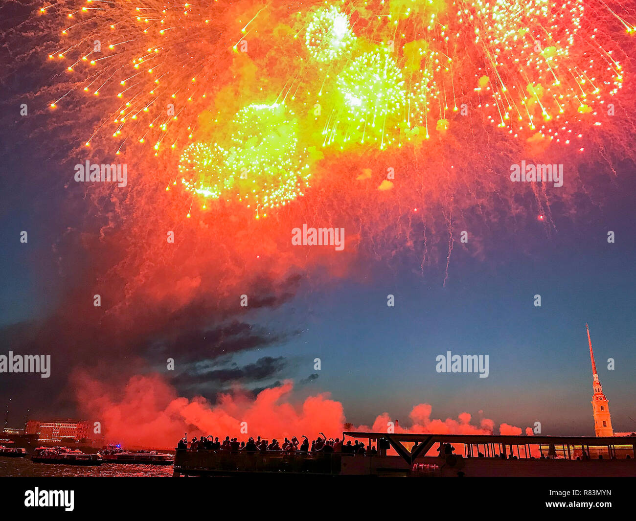 Long Exposure of Fireworks Against a Black Sky. Panorama of beautiful ...