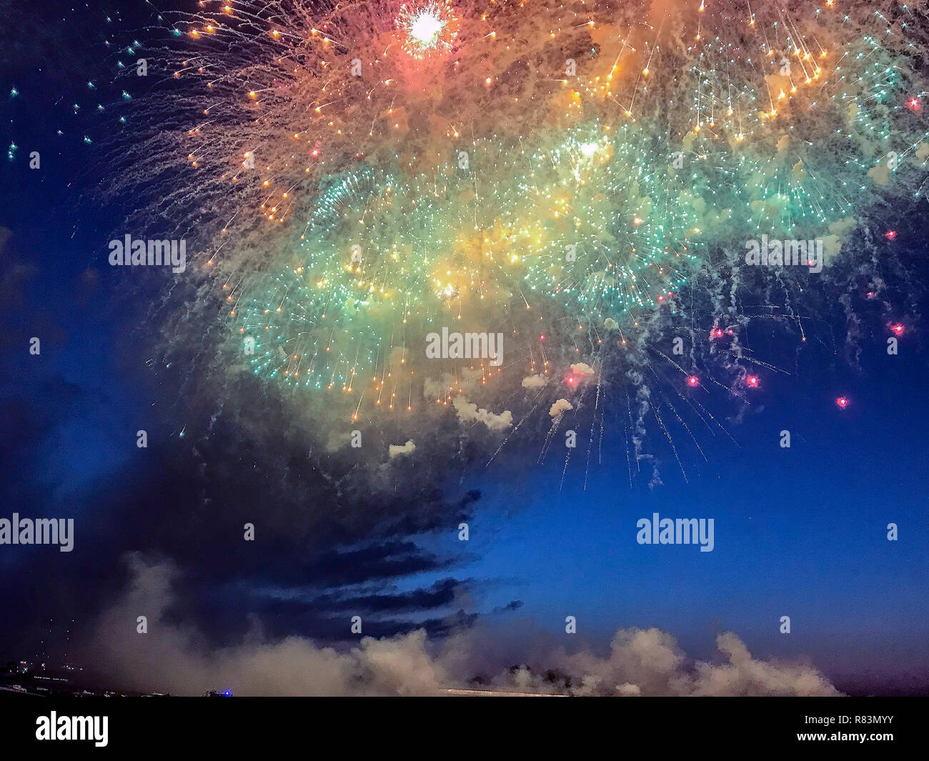 Long Exposure of Fireworks Against a Black Sky. Panorama of beautiful ...