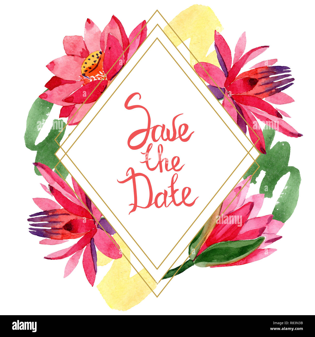 Red lotus flower. Save the Date handwriting monogram calligraphy ...