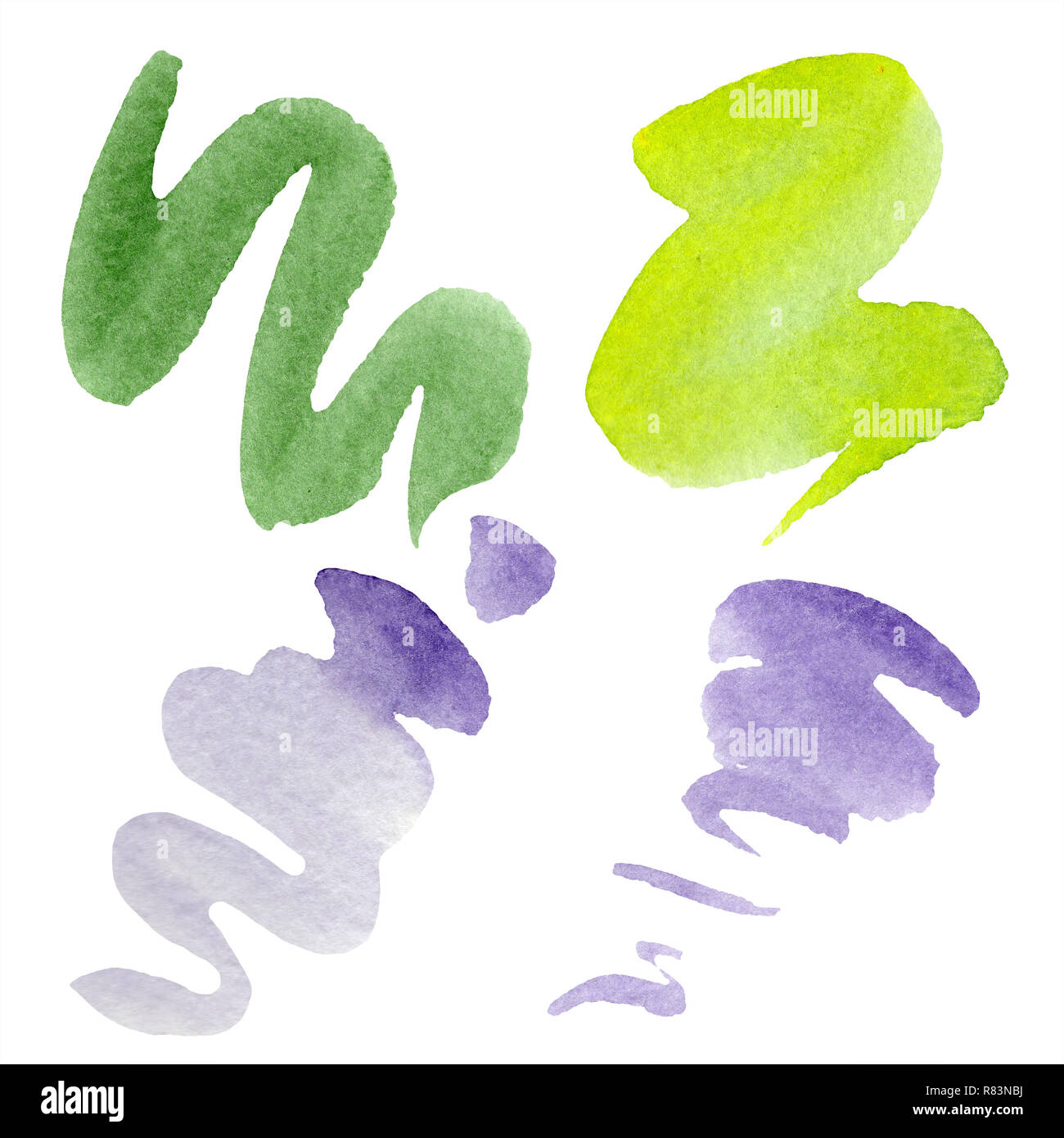 Green, lime and purple abstract watercolor paper splash shapes isolated ...