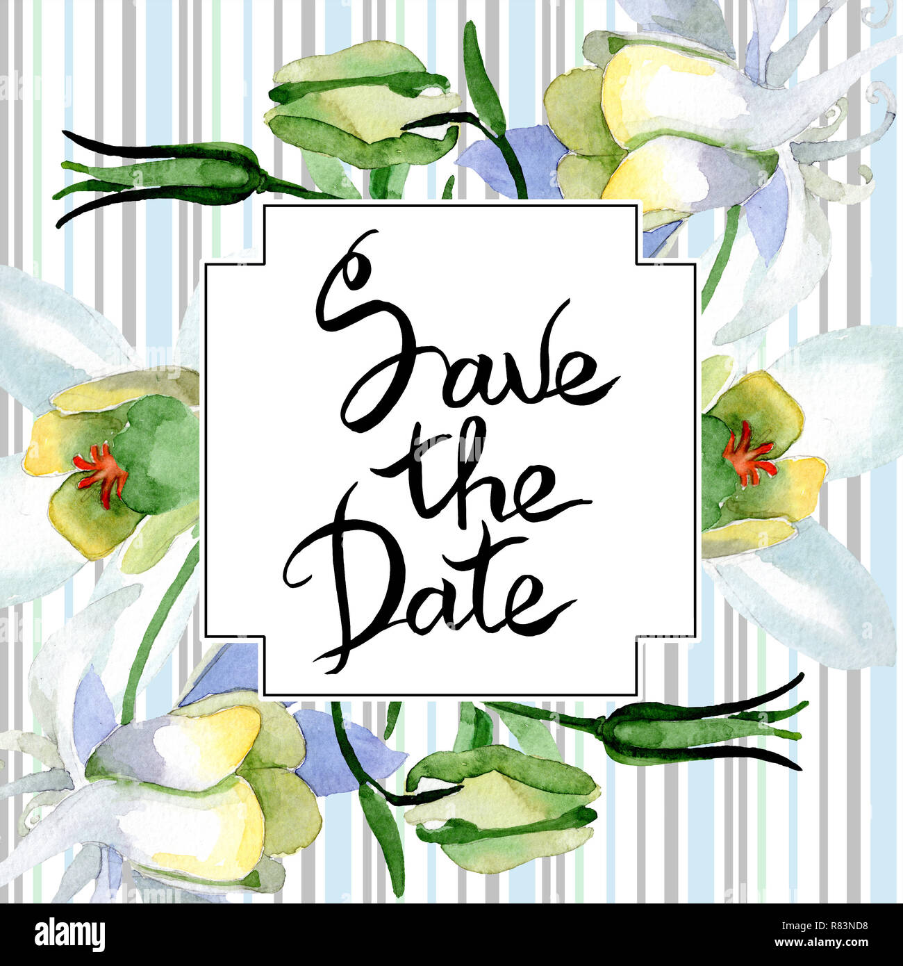 White aquilegia. Save the date handwriting monogram calligraphy. Floral ...