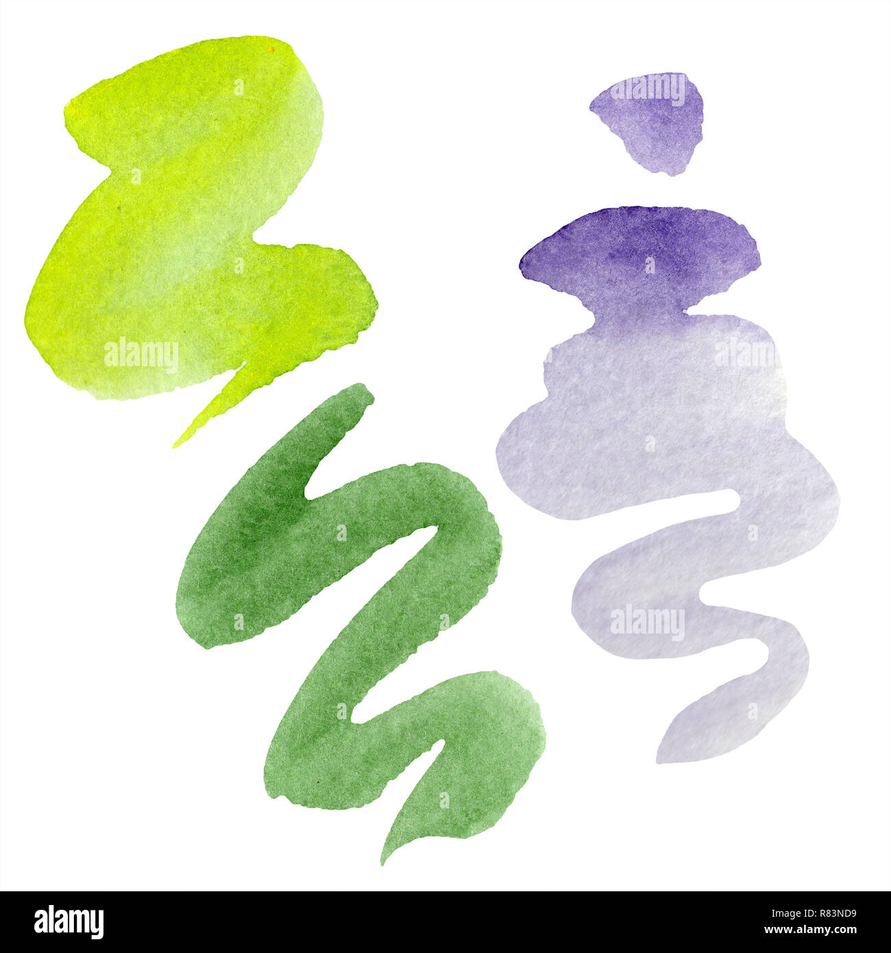 Green, lime and purple abstract watercolor paper splash shapes isolated ...