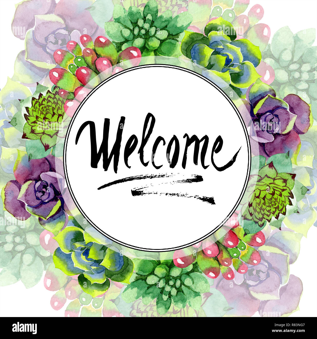 Amazing succulent. Welcome handwriting monogram calligraphy. Watercolor ...