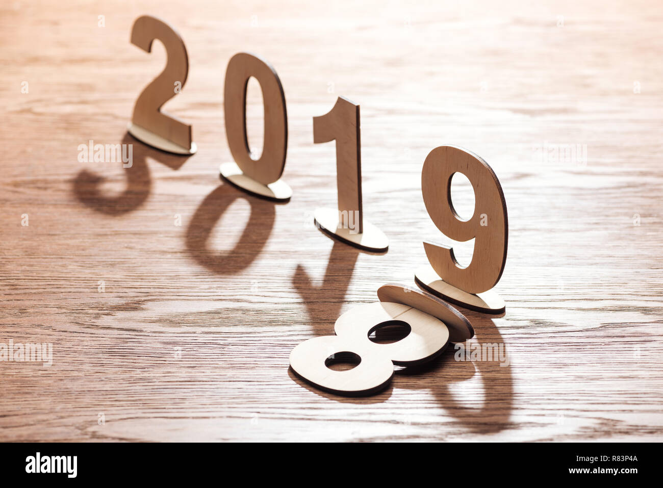 top view of wooden numbers with date symbolizing change from 2018 to ...