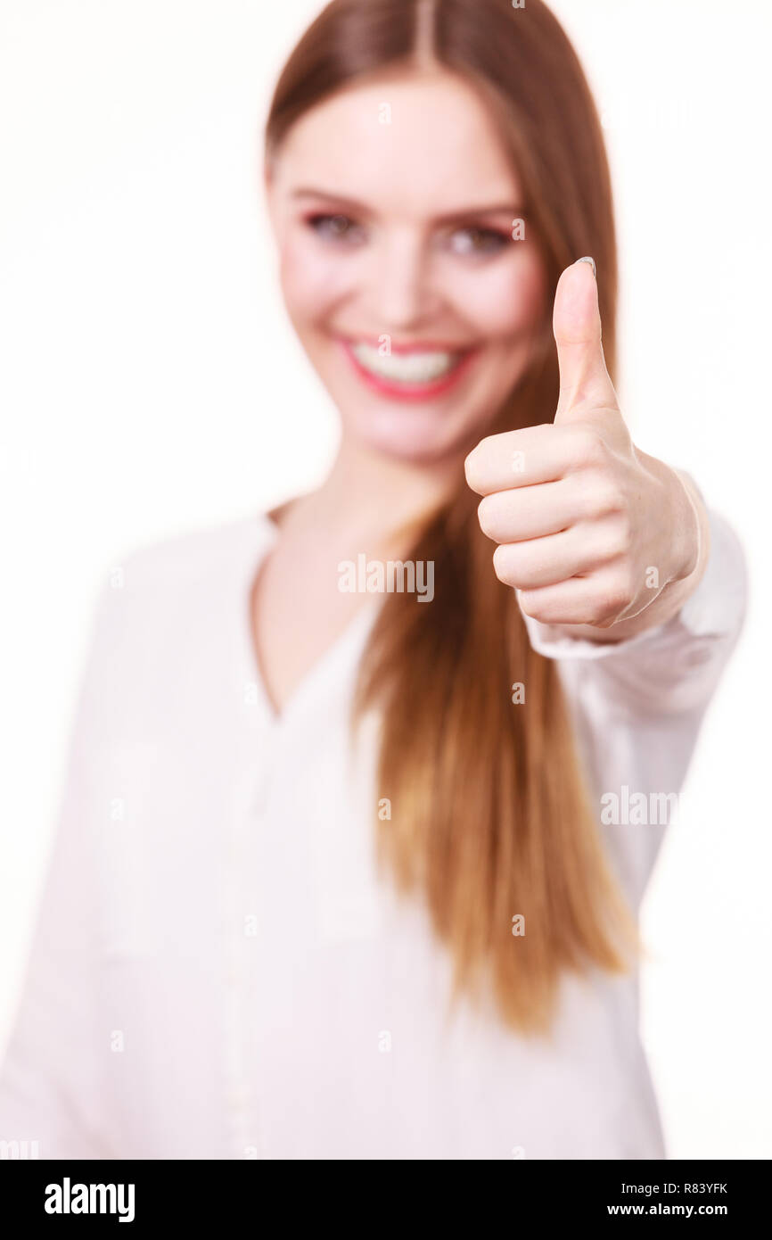 Symbols, gestures and signs concept. Happy positive brunette woman ...