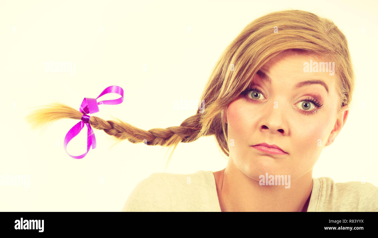Emotions expressions, sadness concept. Teenage girl in blonde braid ...