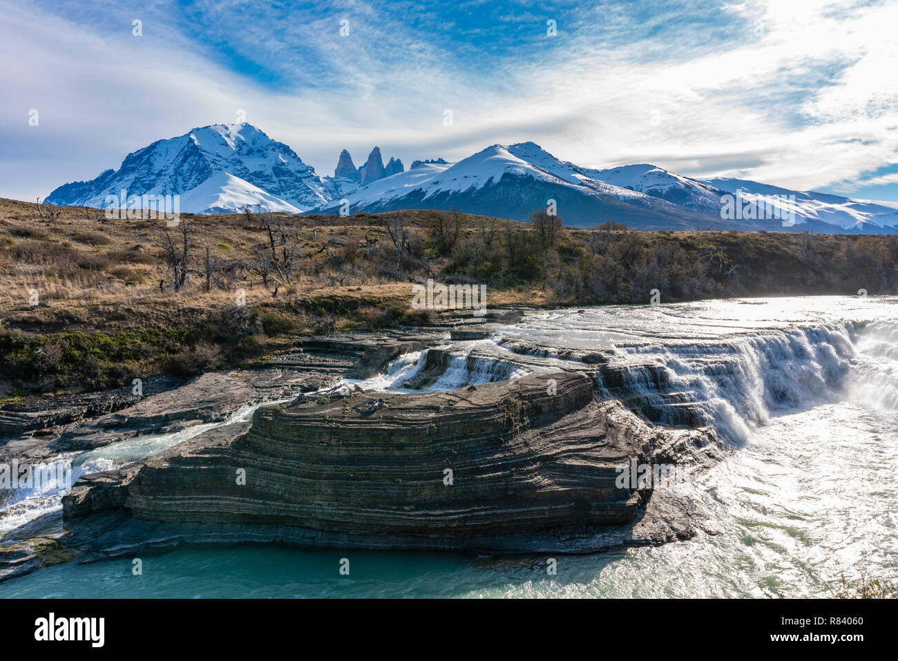 Waterfall and granite towers at Torres del Paine national park of Chile ...